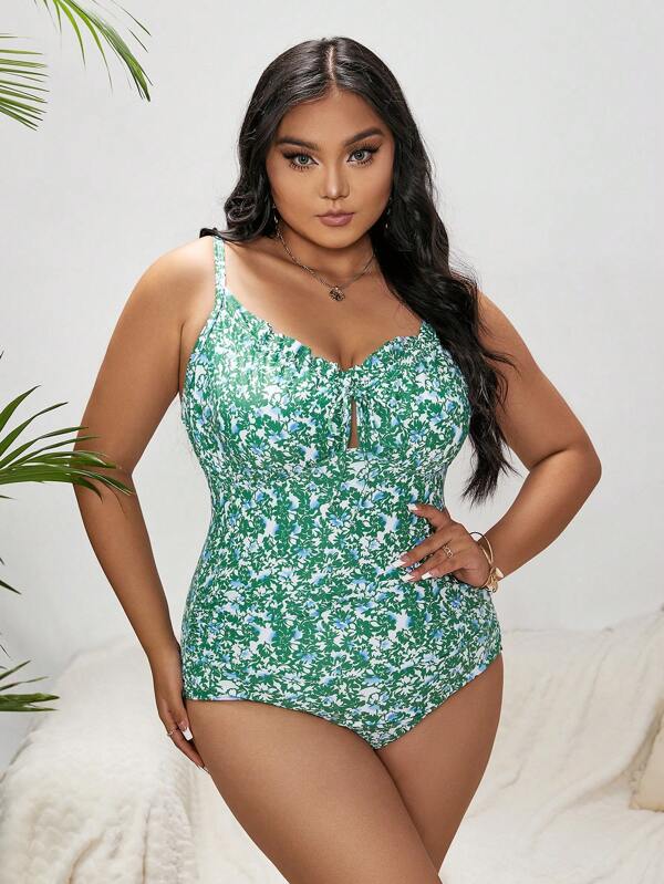 Shein Swim Vcay Plus Ditsy Floral Print Tie Front One Piece Swimsuit