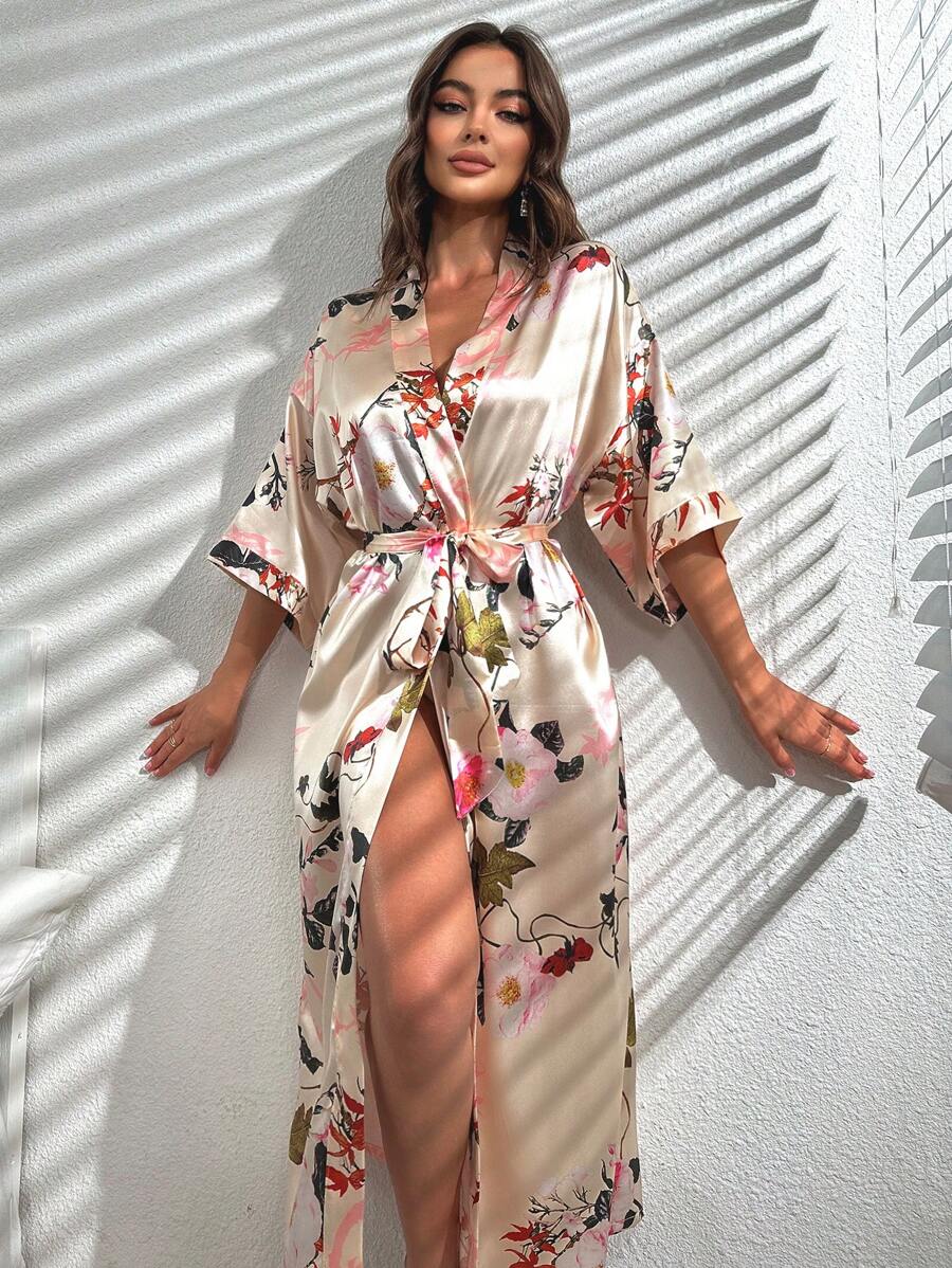 LuxeNights Floral Print Belted Satin Robe Luxeloungewear, Fall, Winter ...