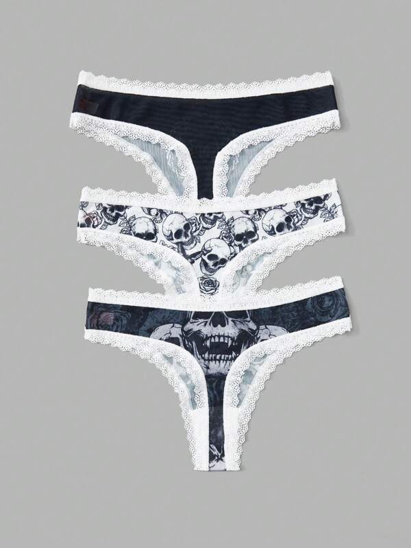 Goth 3pack Skull Print Contrast Lace Thong Set Shein Usa