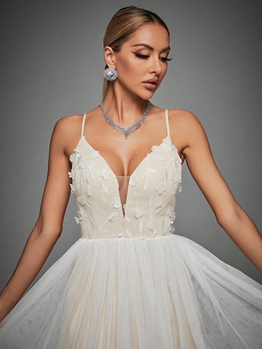 Floral Appliques Mesh Overlay Cami Wedding Dress Shein Uk