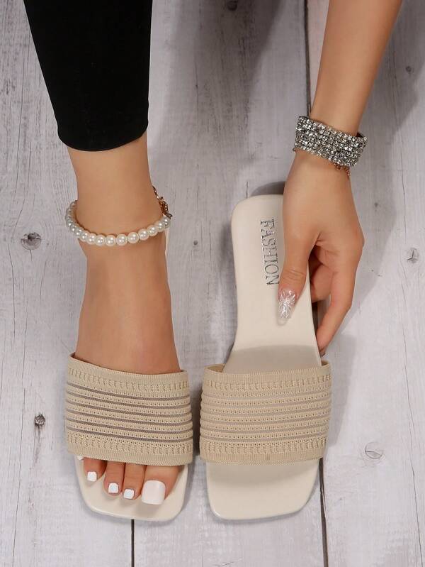 Vacation Slide Sandals For Women, Knit Detail Single Band Flat Sandals ...