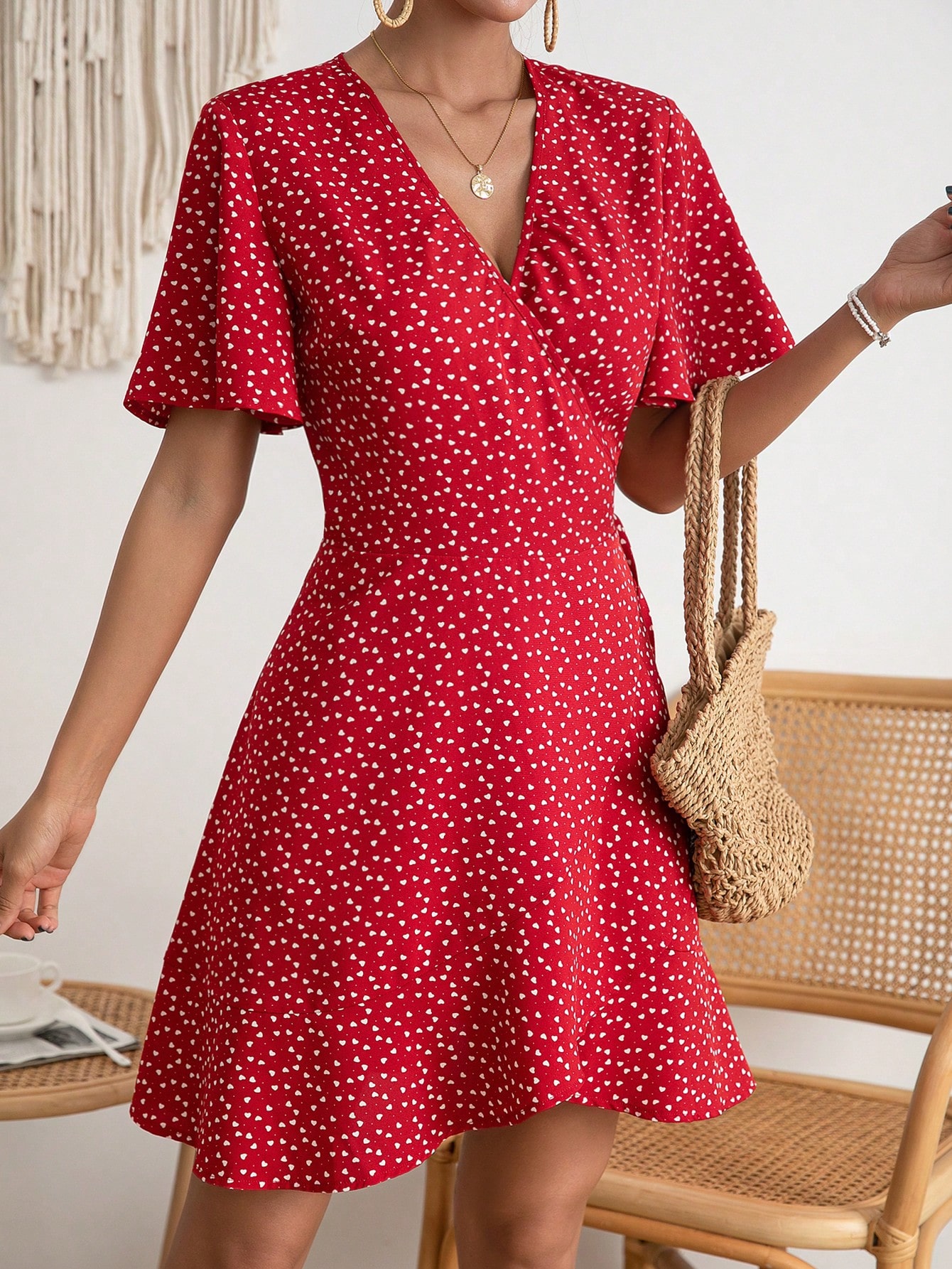 Shein Clasi Confetti Heart Print Butterfly Sleeve Dress Shein Usa