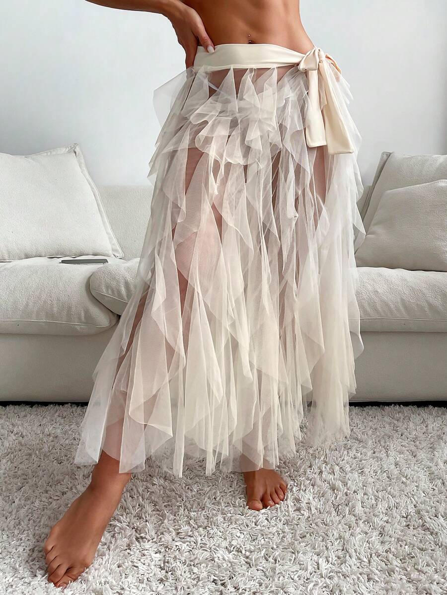Ruffle Trim Knot Side Mesh Cover Up Skirt,Summer Beach | SHEIN USA