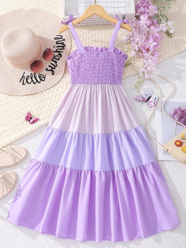 SHEIN Kids SUNSHNE Girls Colorblock Shirred Ruffle Hem Cami Dress ...