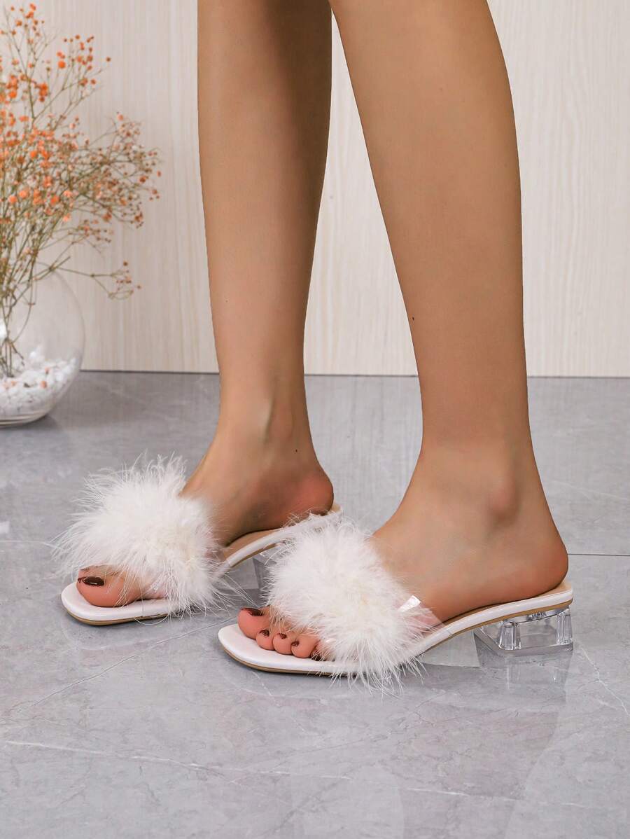 Women Fluffy Decor Clear Chunky Heeled Sandals, Glamorous Summer Mule ...