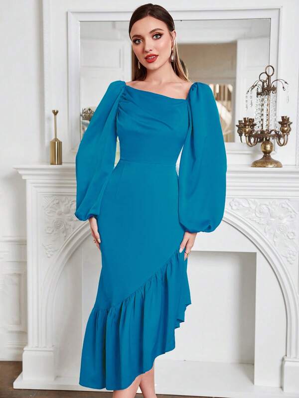 SHEIN Modely Vestido gola assimétrica manga da lanterna bainha com babado | SHEIN Brasil