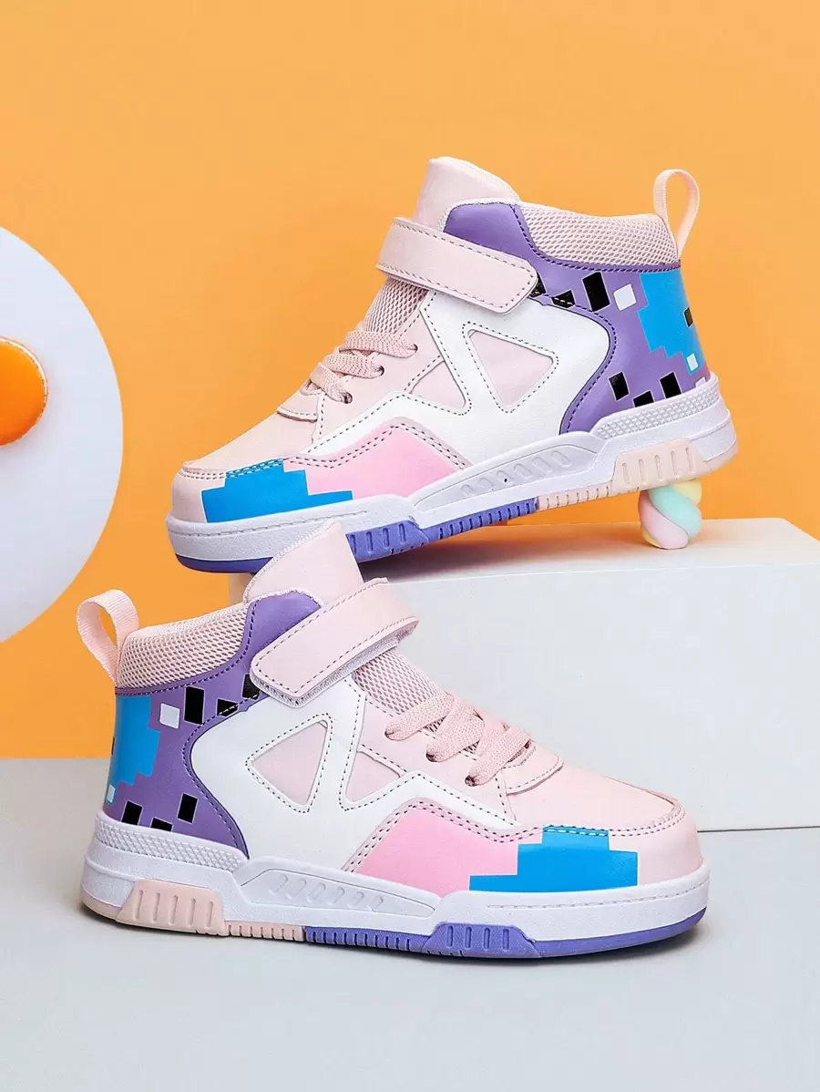 Girls Color Block Lace Up Hook-and-loop Fastener Sporty Skate Shoes For ...