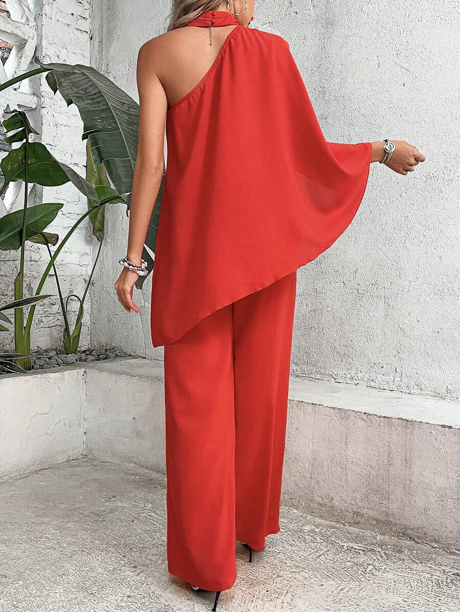 SHEIN LUNE Asymmetrical Neck Batwing Sleeve Top & Wide Leg Pants ...