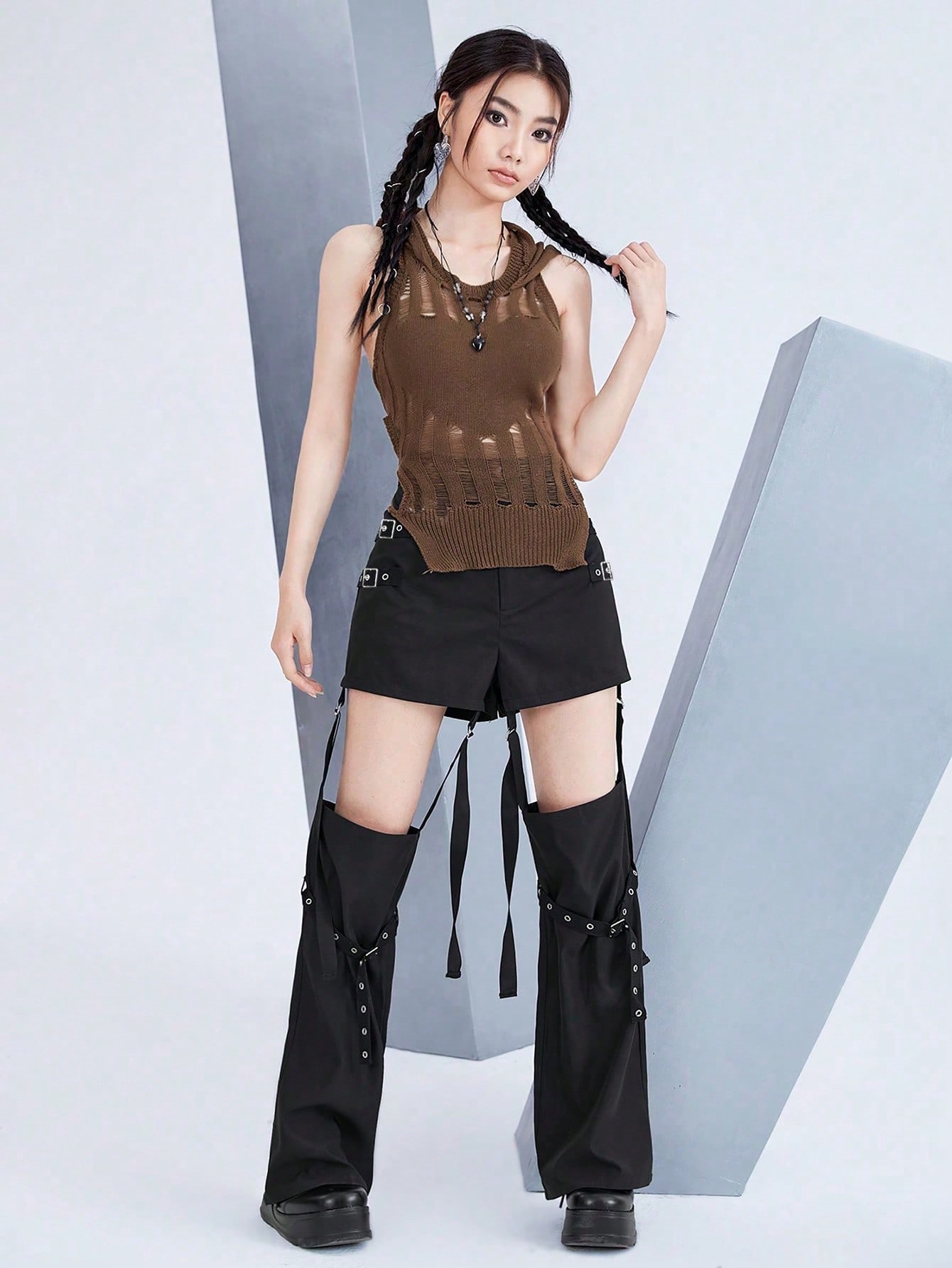 Romwe Grunge Punk Solid Cut Out Grommet Eyelet Buckle Detail Pants