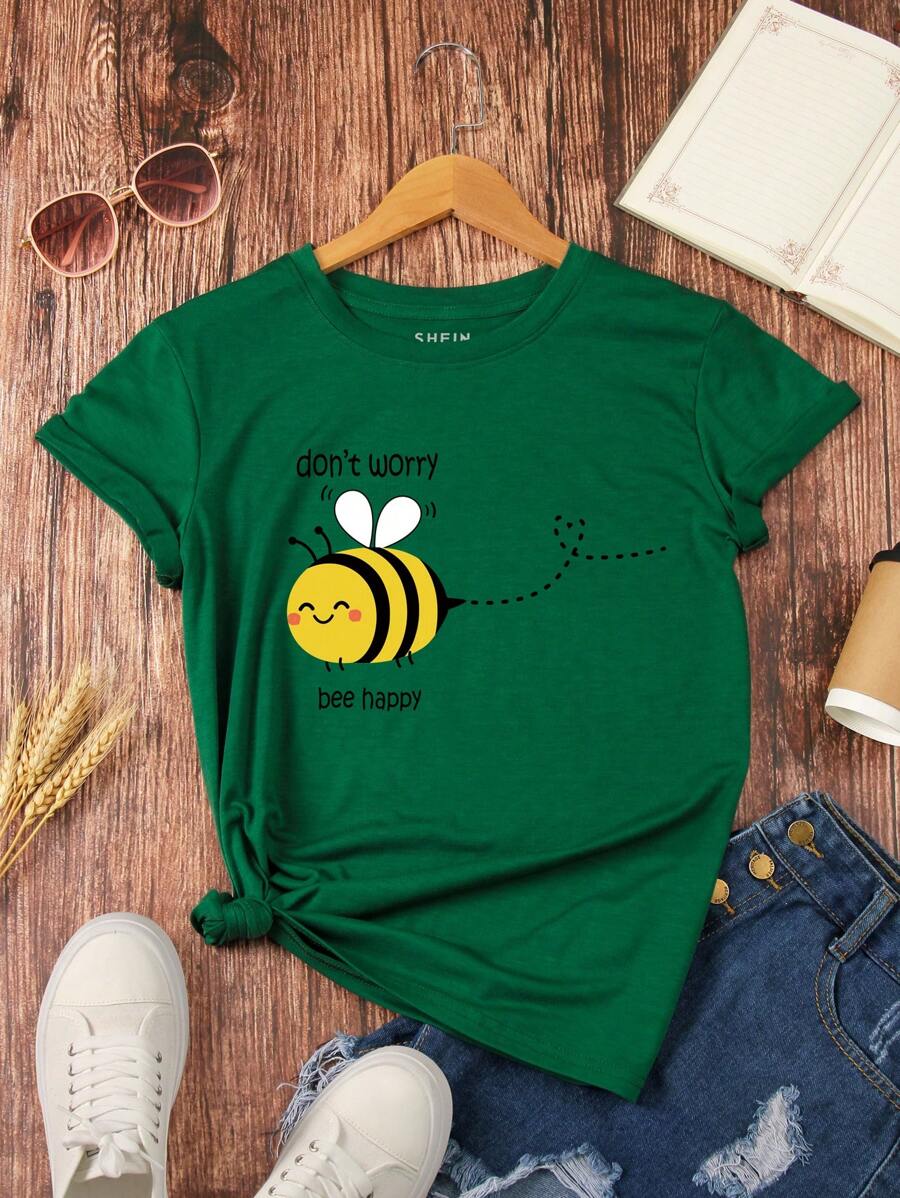 INAWLY Bee And Slogan Graphic Tee Don't Worry Bee Happy Graphic Tees ...