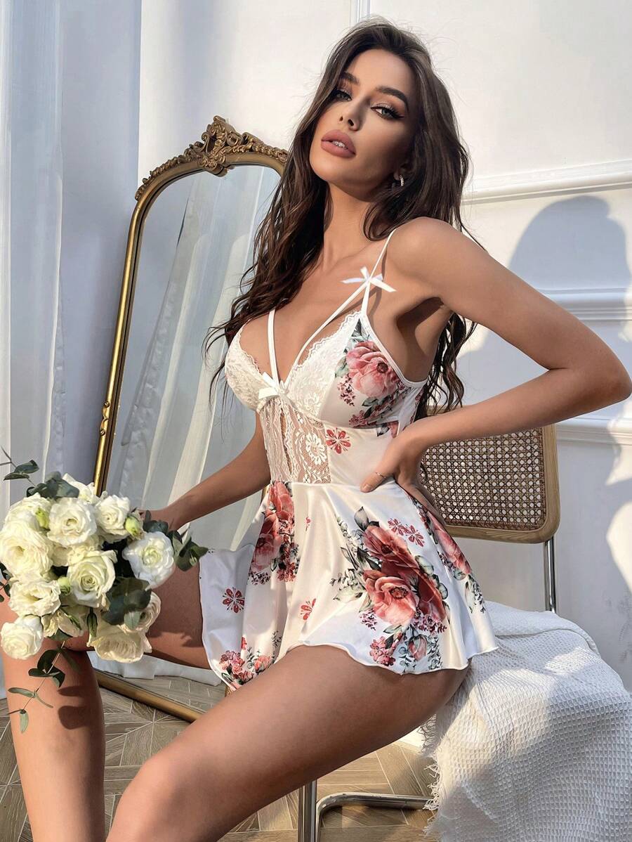 Floral Print Contrast Lace Cami Romper Shein Usa