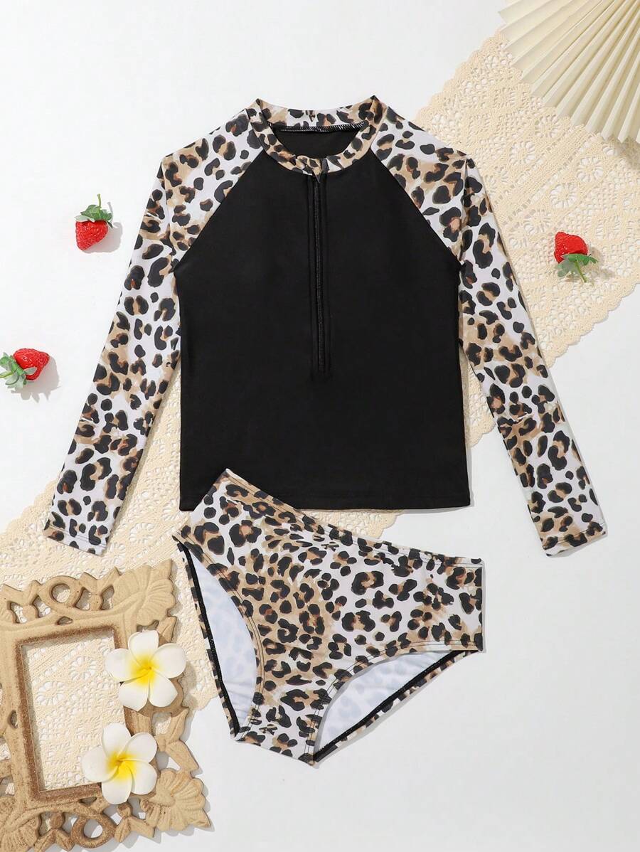 Tween Girl Leopard Print Zipper Front Top & Brief Tankini Swimsuit ...