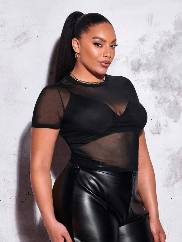 Shein Bae Plus Solid Sheer Mesh Top Without Bra Shein Usa