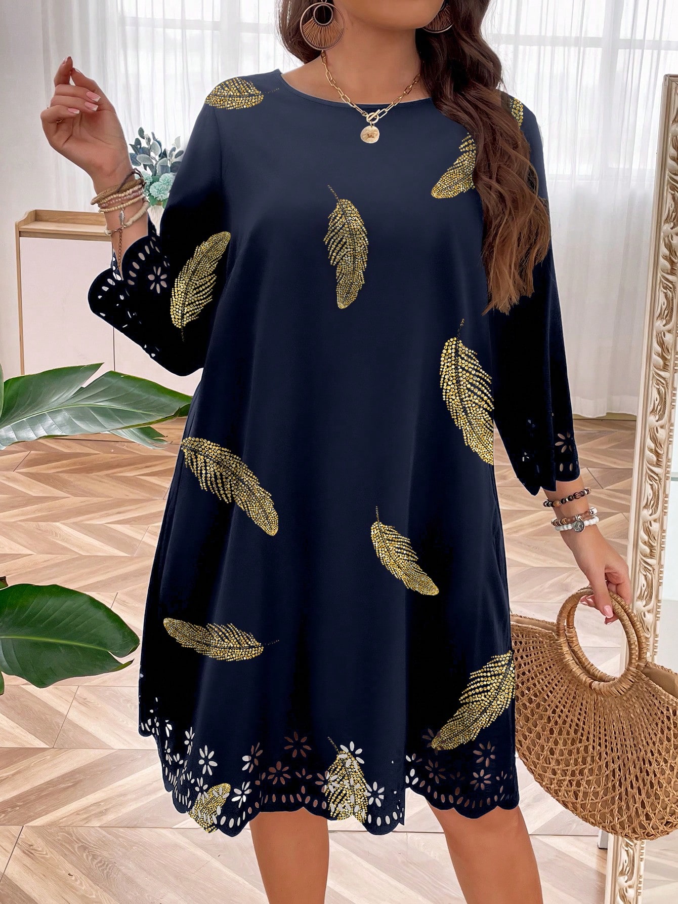 Shein Lune Plus Feather Print Laser Cut Scallop Trim Dress Shein Eur