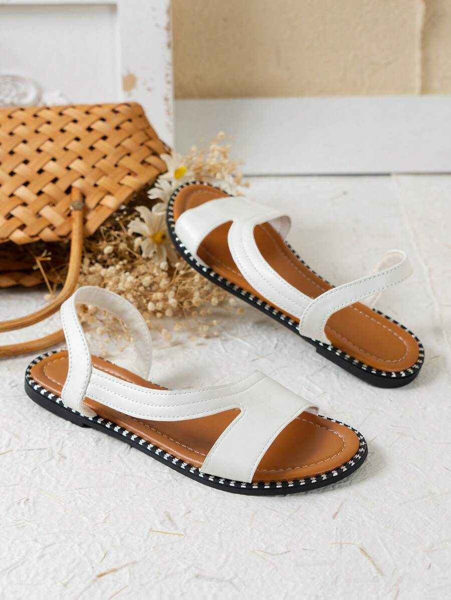 Women Stitch Detail Flat Sandals, Elegant White Slingback Sandals For ...
