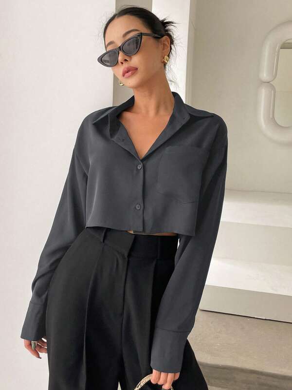 DAZY Solid Button Front Crop Shirt | SHEIN USA