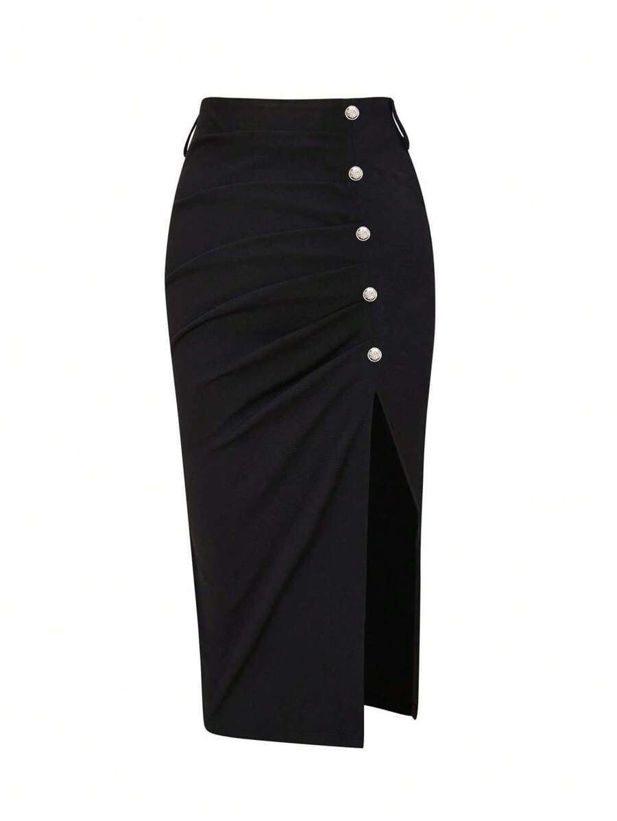Shein Clasi Plus Button Detail Ruched Split Thigh Skirt Shein Usa
