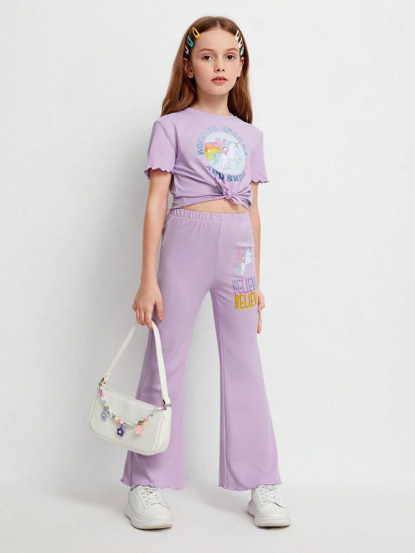 SHEIN X Care Bears SHEIN Kids QTFun Tween Girl Unicorn & Letter Graphic Tee & Flare Leg Pants ...