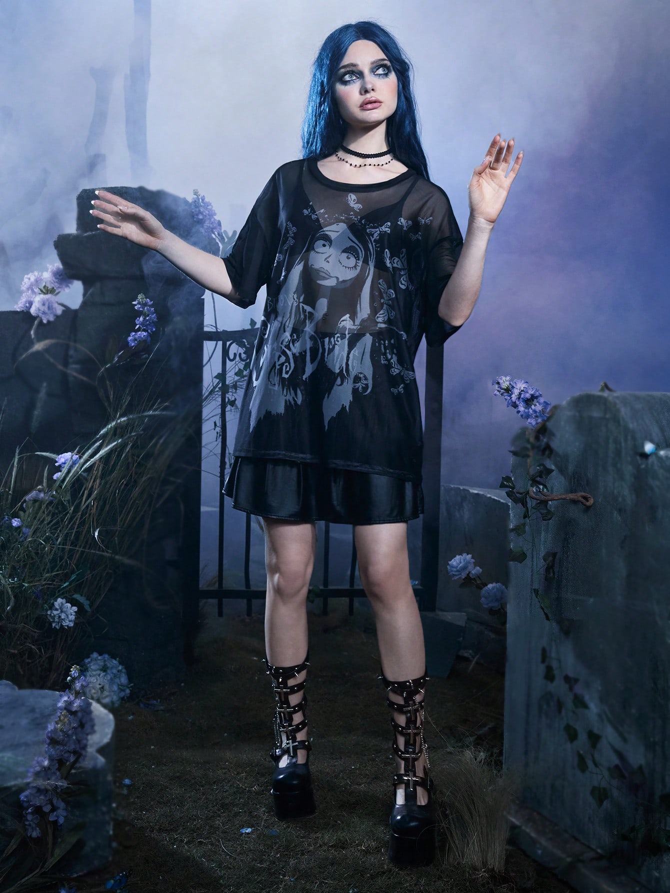 Corpse Bride | ROMWE Figure Graphic Mesh Top | SHEIN UK