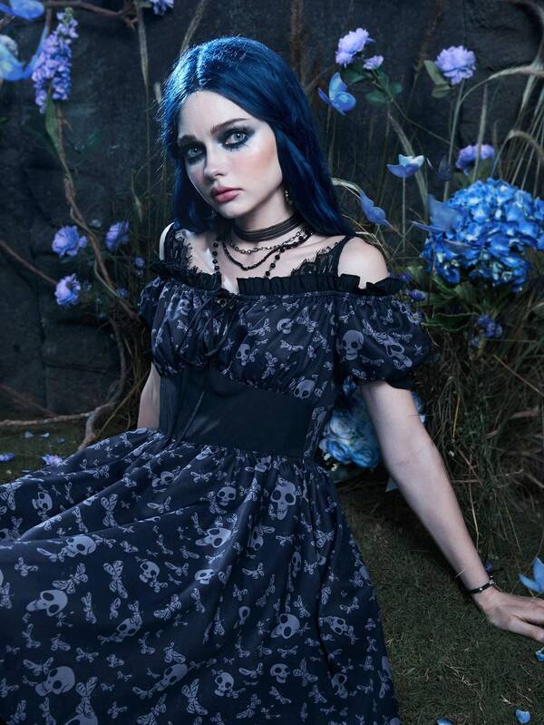 Corpse Bride | ROMWE Skull Print Cold Shoulder High Low Hem Dress ...