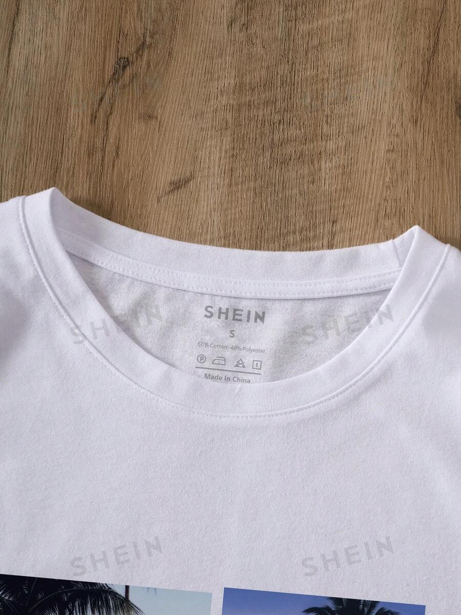 SHEIN LUNE Slogan & Palm Tree Print Tee Take Photos Of The Scenery ...