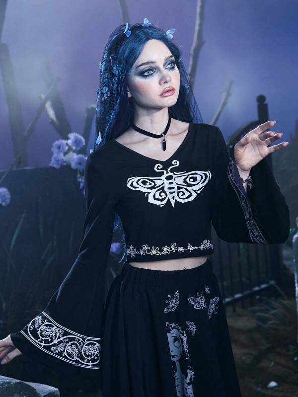 Corpse Bride | ROMWE Butterfly Print Flounce Sleeve Tee | SHEIN USA