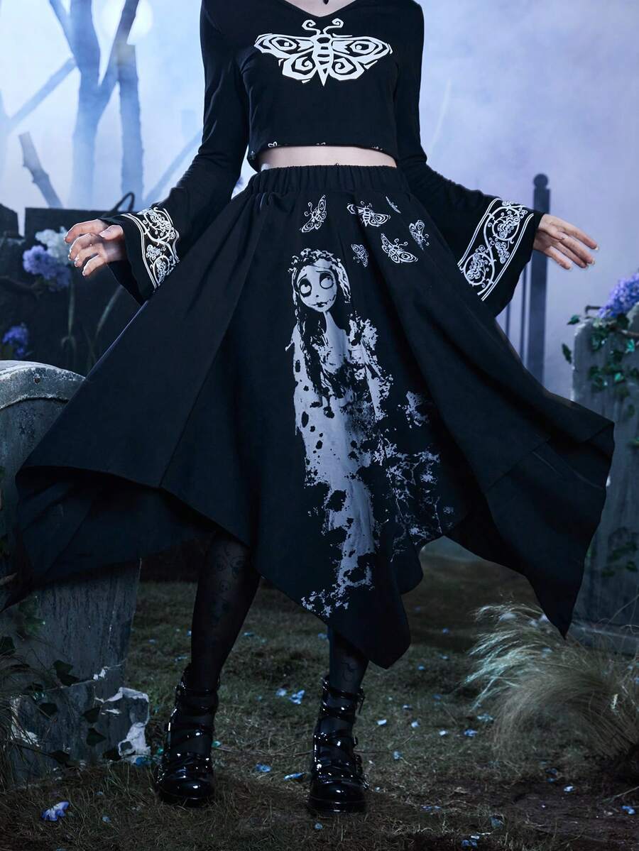 Corpse Bride | ROMWE Rock mit asymmetrischem Saum und Figur und ...