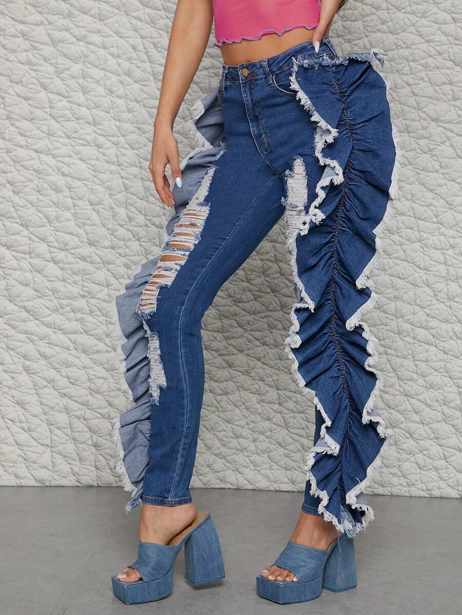 High Waist Ripped Ruffle Trim Jeans | SHEIN USA