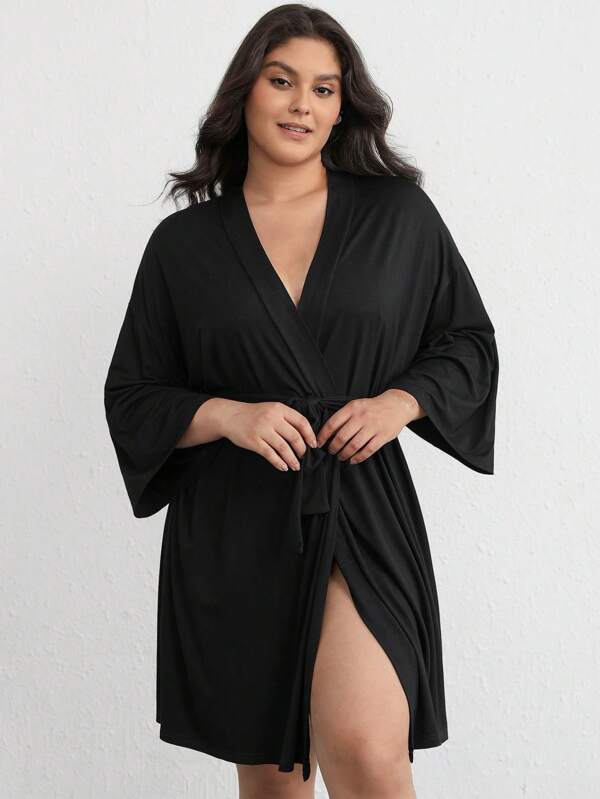 SHEIN Leisure Plus Solid Belted Robe | SHEIN USA