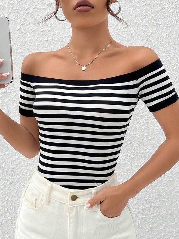 SHEIN Essnce Striped Print Off Shoulder Tee | SHEIN USA