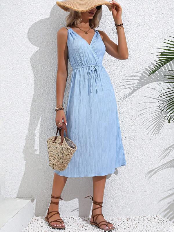 Shein Vcay Solid Knot Front Lettuce Trim Dress Shein Usa