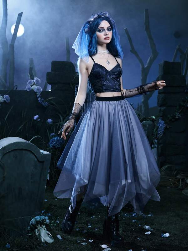 Goth Contrast Mesh Asymmetrical Hem Skirt | SHEIN USA