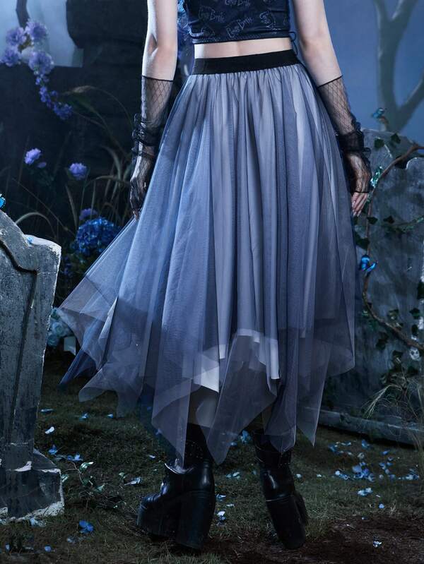 Goth Contrast Mesh Asymmetrical Hem Skirt | SHEIN USA