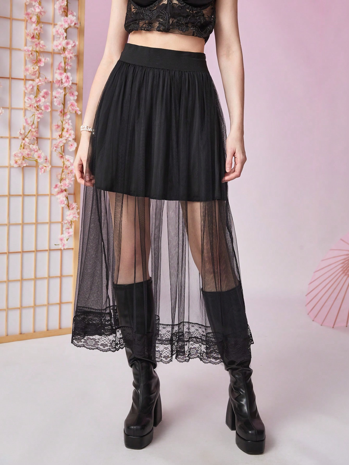 ROMWE Kawaii Contrast Lace Mesh Overlay Skirt | SHEIN UK