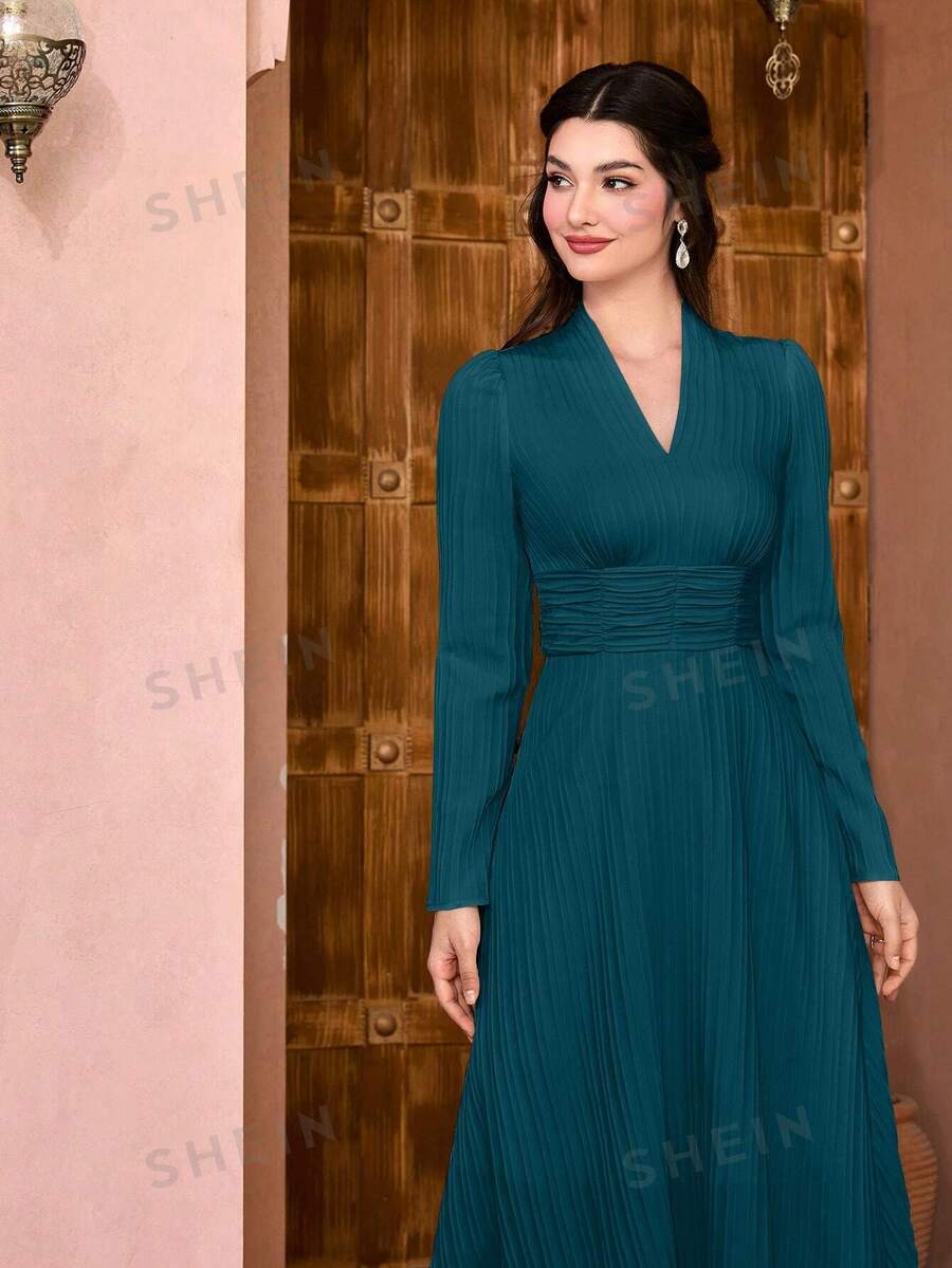SHEIN Modely Solid Plisse Ruched Waist A-line Dress | SHEIN USA