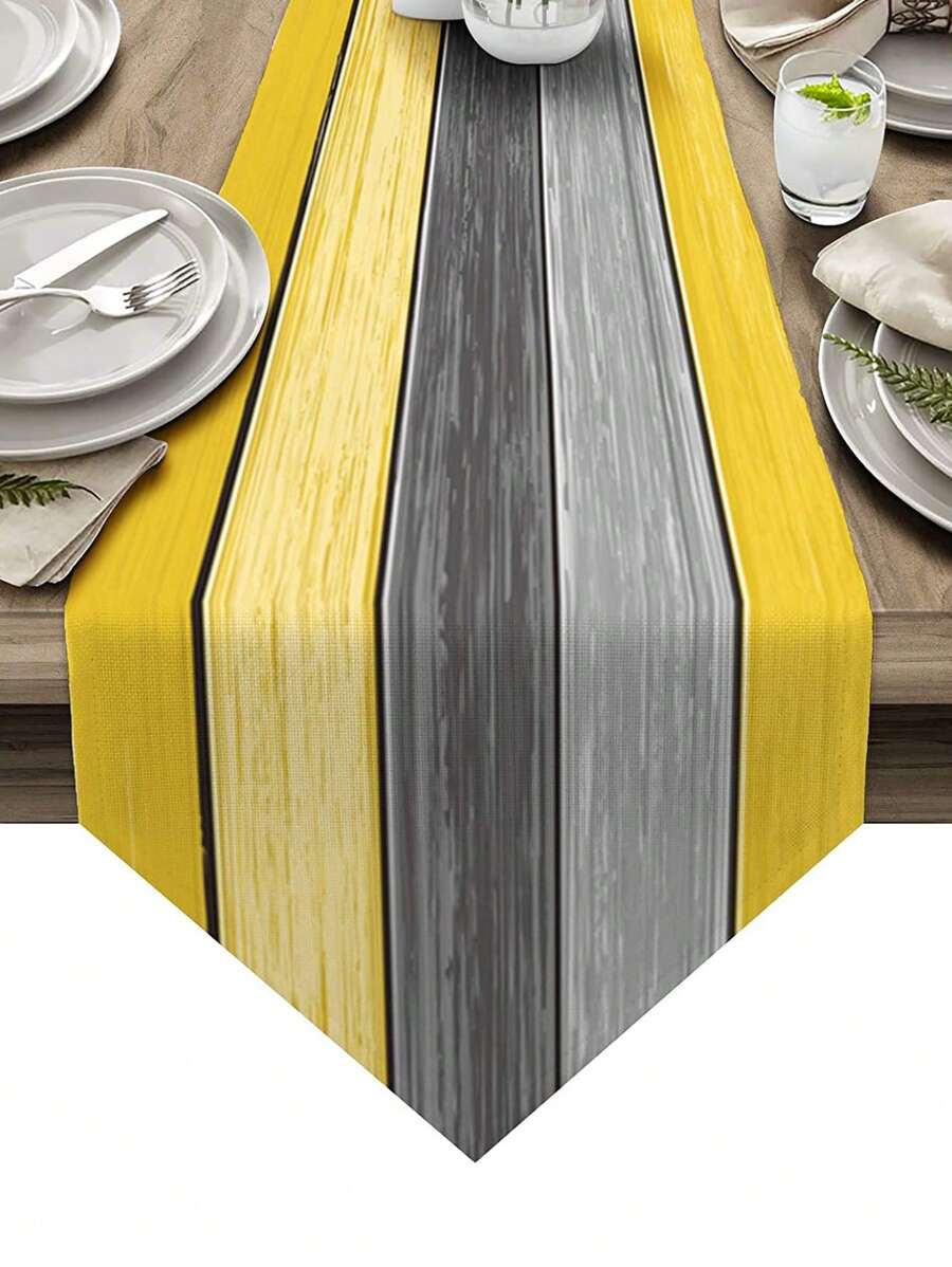 1pc Wooden Pattern Table Runner, Retro Linen Kitchen Table Runner For ...