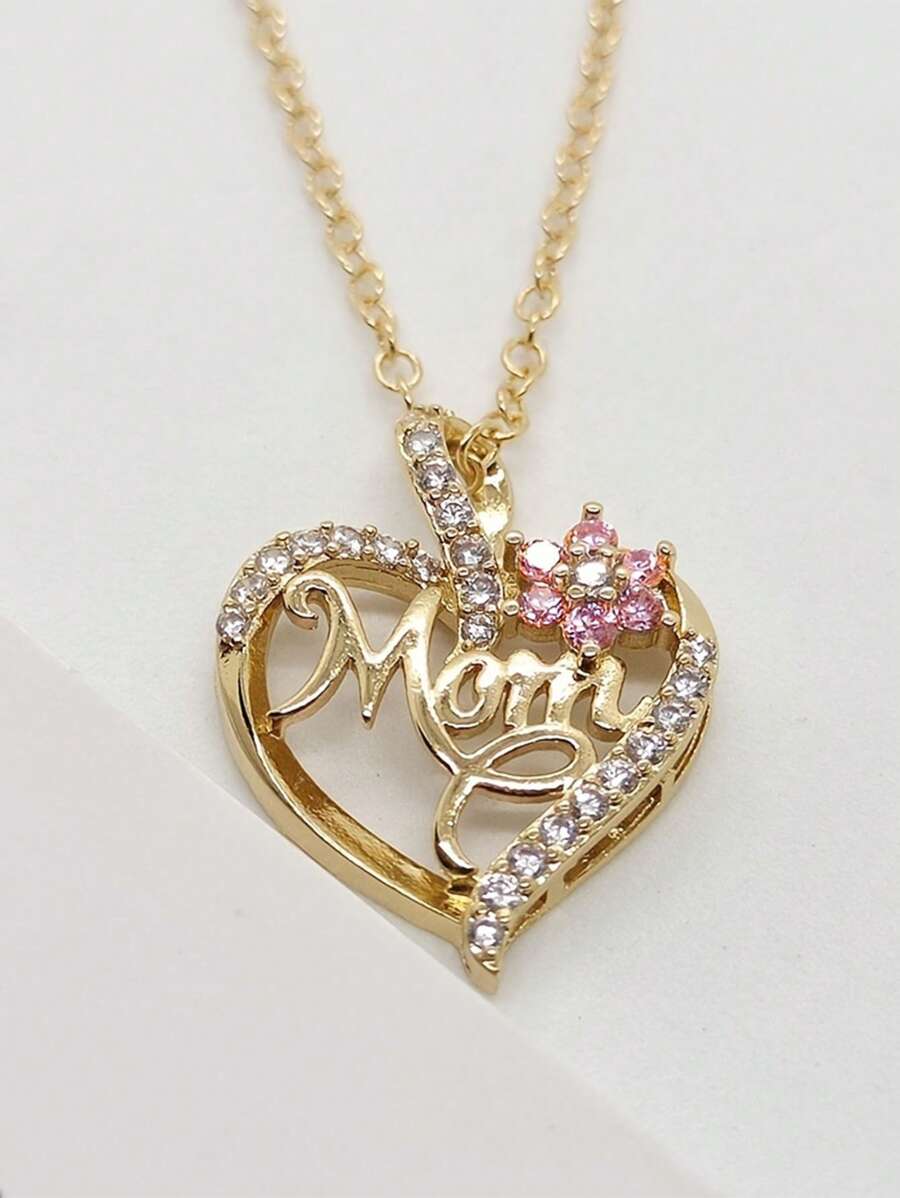 1pc Mother's Day Rhinestone MOM Heart Pendant Necklace Women's Festival ...