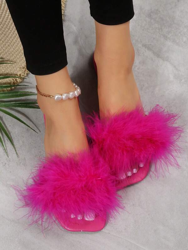 Women Fluffy Decor Flat Sandals, Glamorous Hot Pink Slide Sandals ...