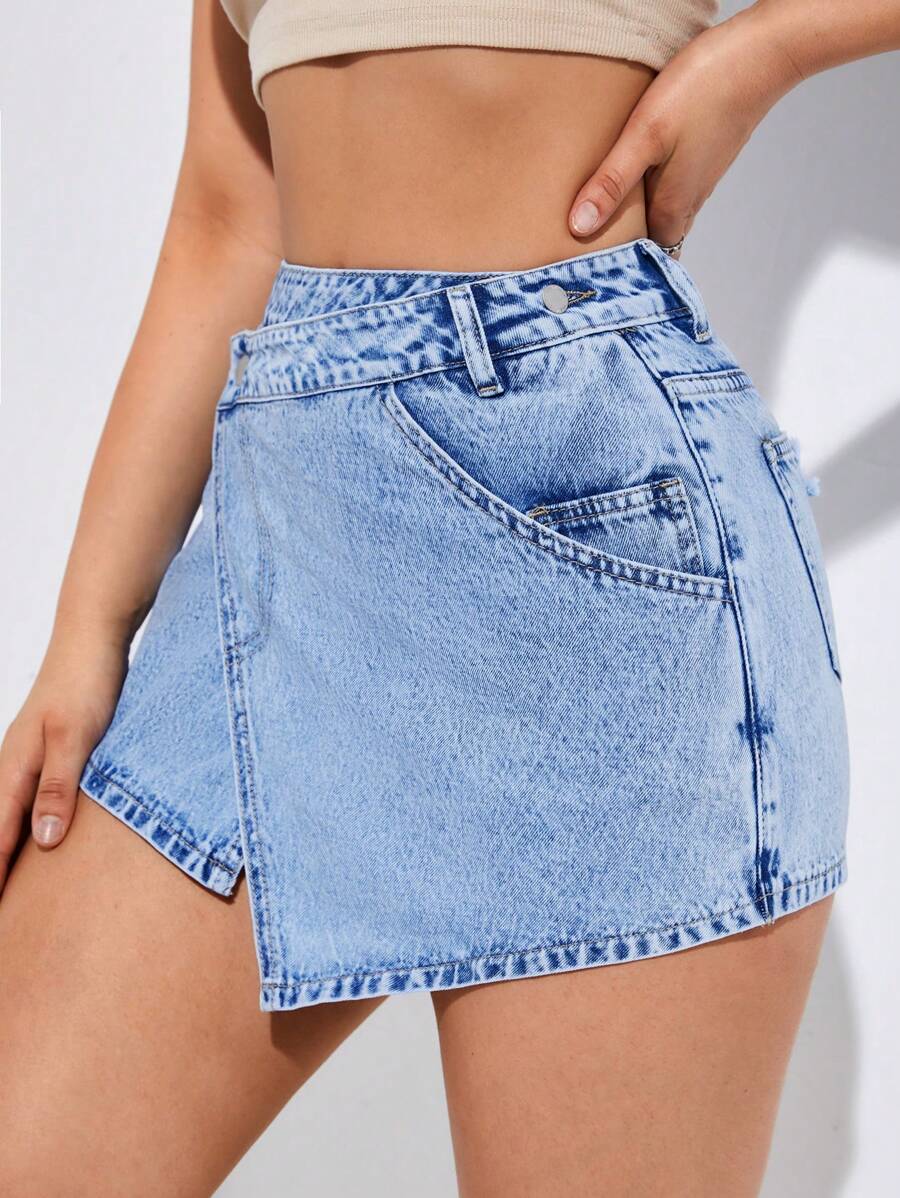 SHEIN EZwear Asymmetrical Hem Denim Skort | SHEIN USA
