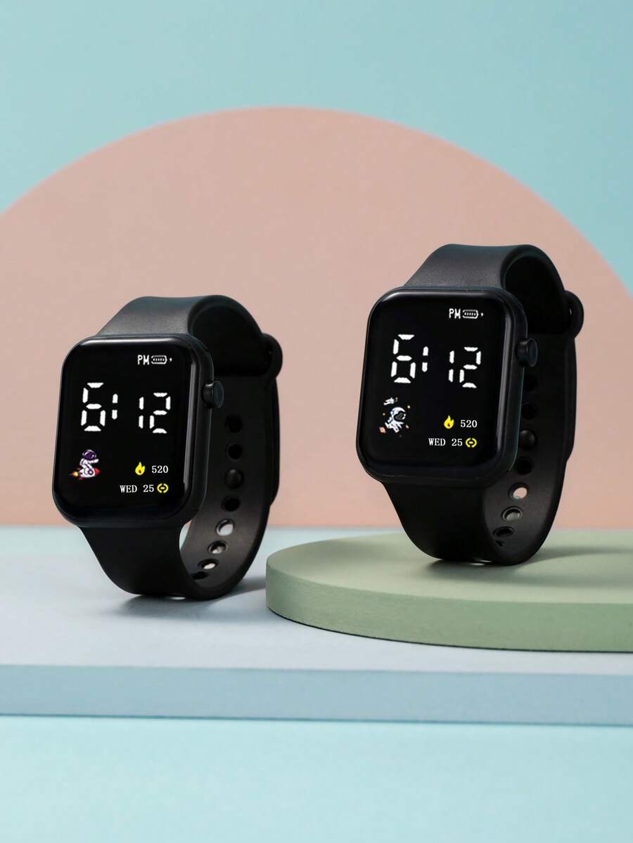 2pcs Kids Black TPU Strap Sporty Square Dial Digital Watch, For Daily ...