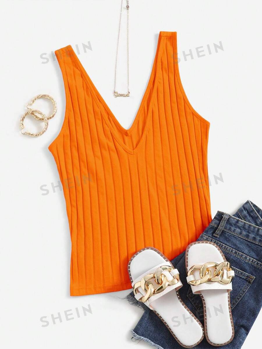 SHEIN Essnce Neon Orange Solid Ribbed Knit Tank Top | SHEIN UK