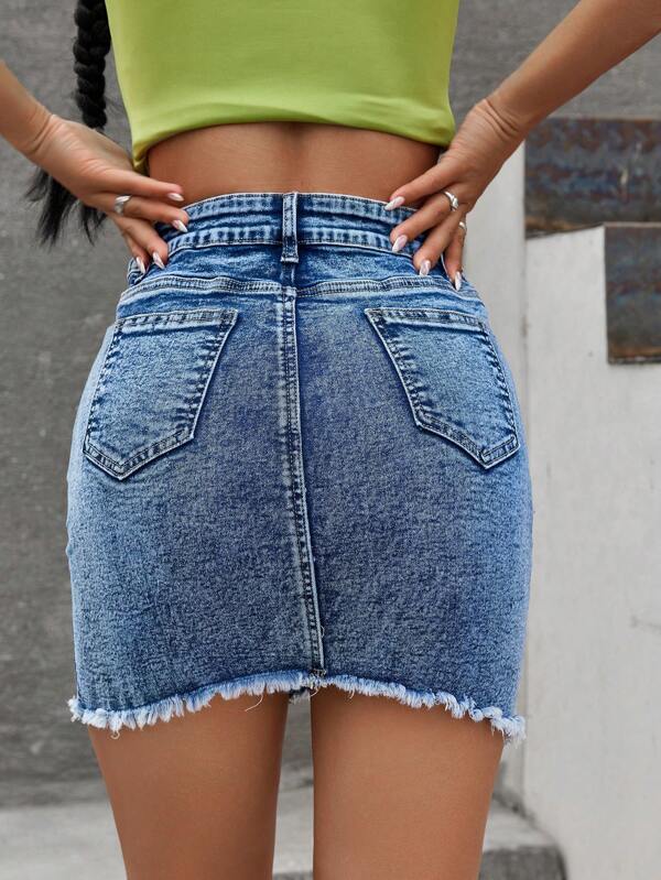 Ripped Raw Hem Denim Skirt | SHEIN USA