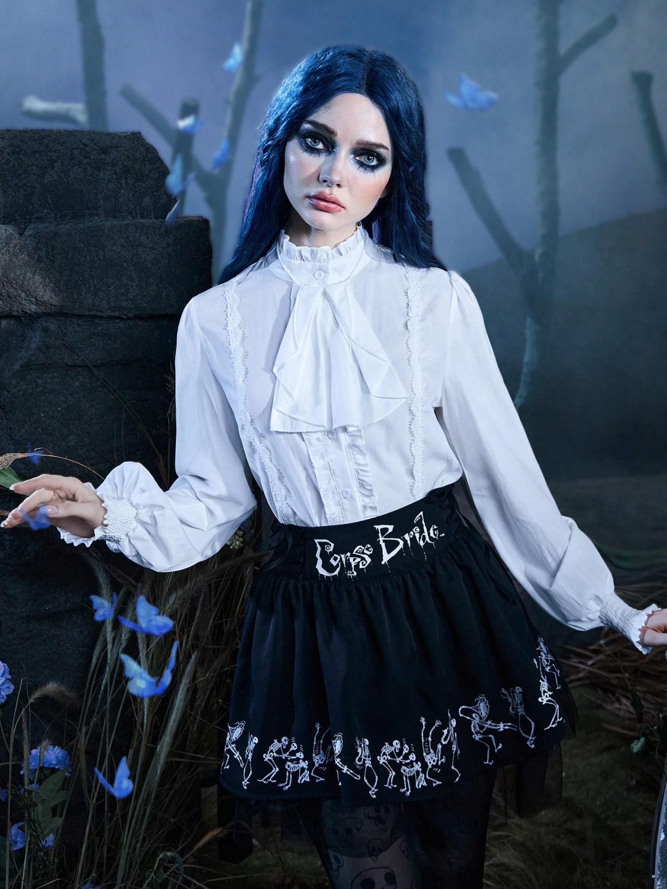 Goth Frill Trim Tie Neck Lantern Sleeve Shirt | SHEIN USA