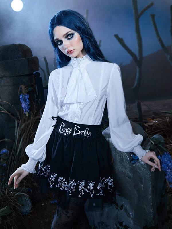 Goth Frill Trim Tie Neck Lantern Sleeve Shirt | SHEIN USA