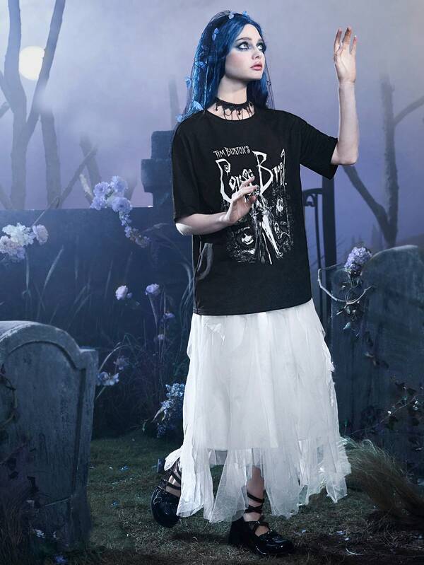 Corpse Bride | ROMWE Slogan & Figure Graphic Drop Shoulder Tee | SHEIN USA
