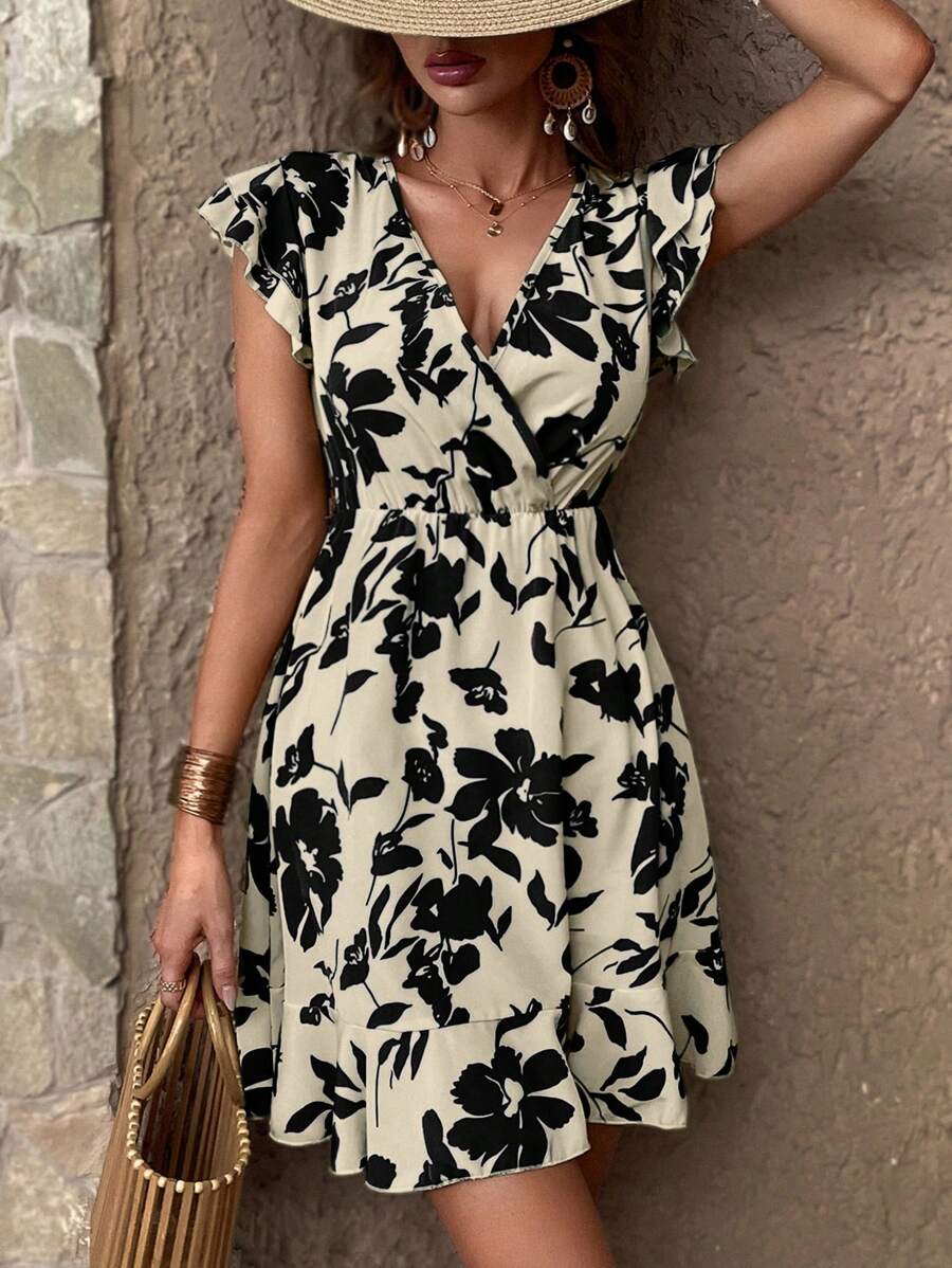 SHEIN Holidaya Floral Print Butterfly Sleeve Ruffle Hem Dress | SHEIN UK
