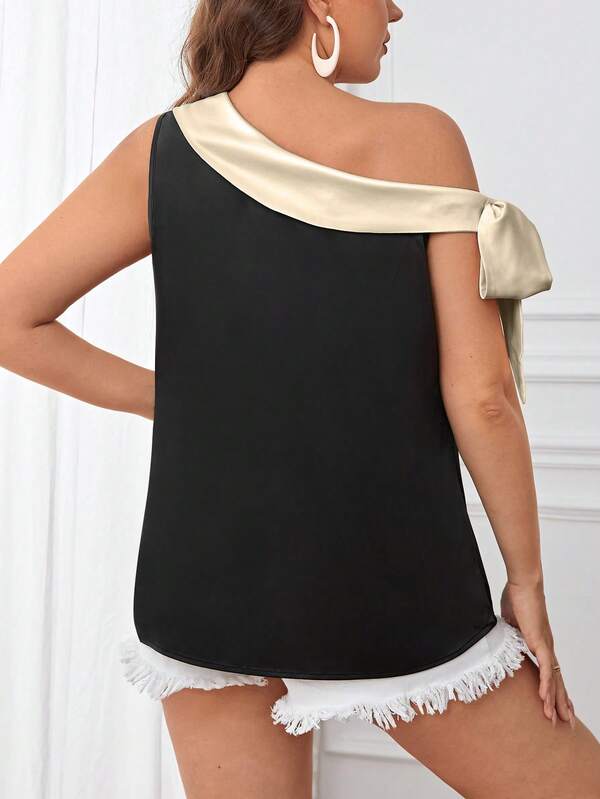 SHEIN Privé Plus Colorblock Knot Side Asymmetrical Neck Satin Blouse ...