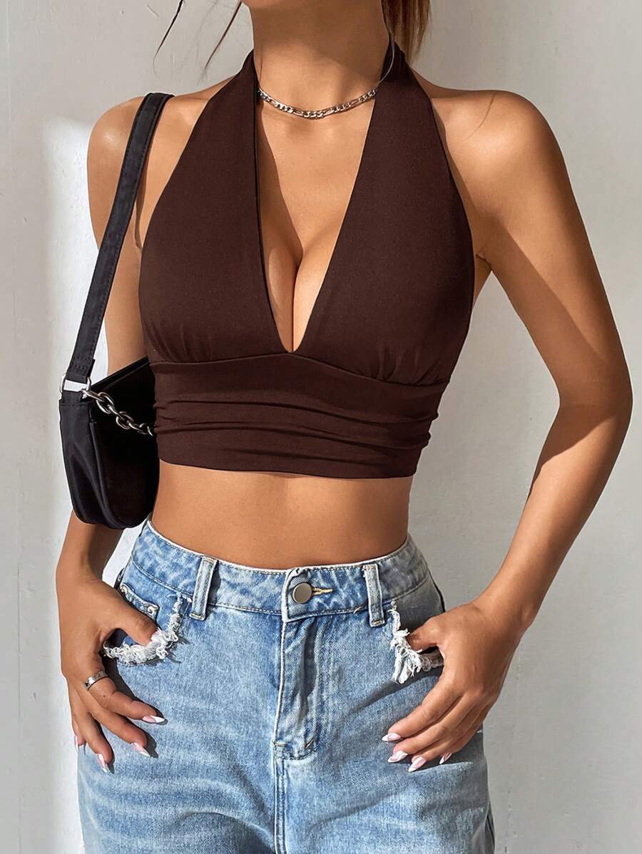 SHEIN EZwear Solid Backless Crop Halter Top | SHEIN USA