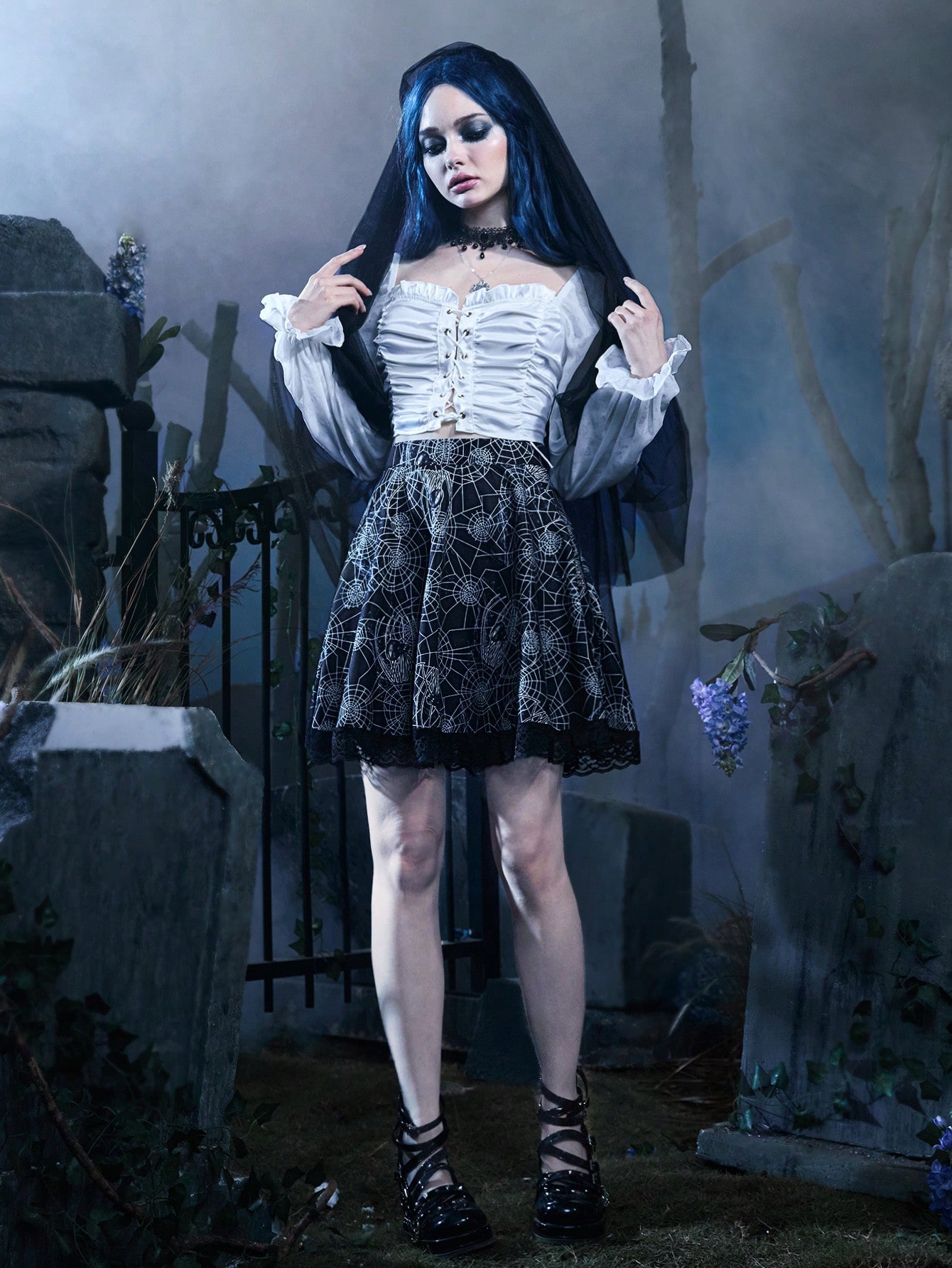 Corpse Bride | ROMWE Spider Web Print Contrast Lace Skirt | SHEIN USA
