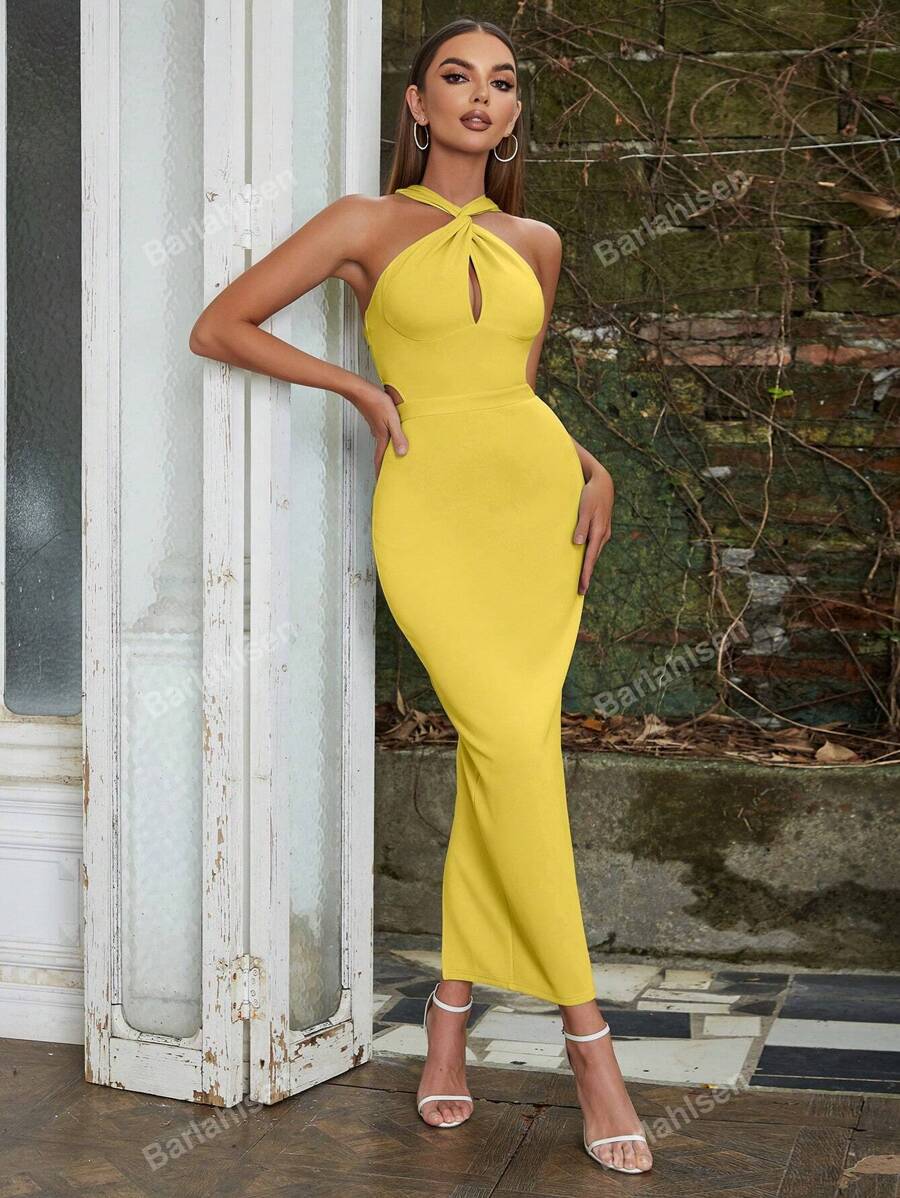 Simple And Retro Cross Kink Halter Slim Back Slit Dress Woman | SHEIN USA